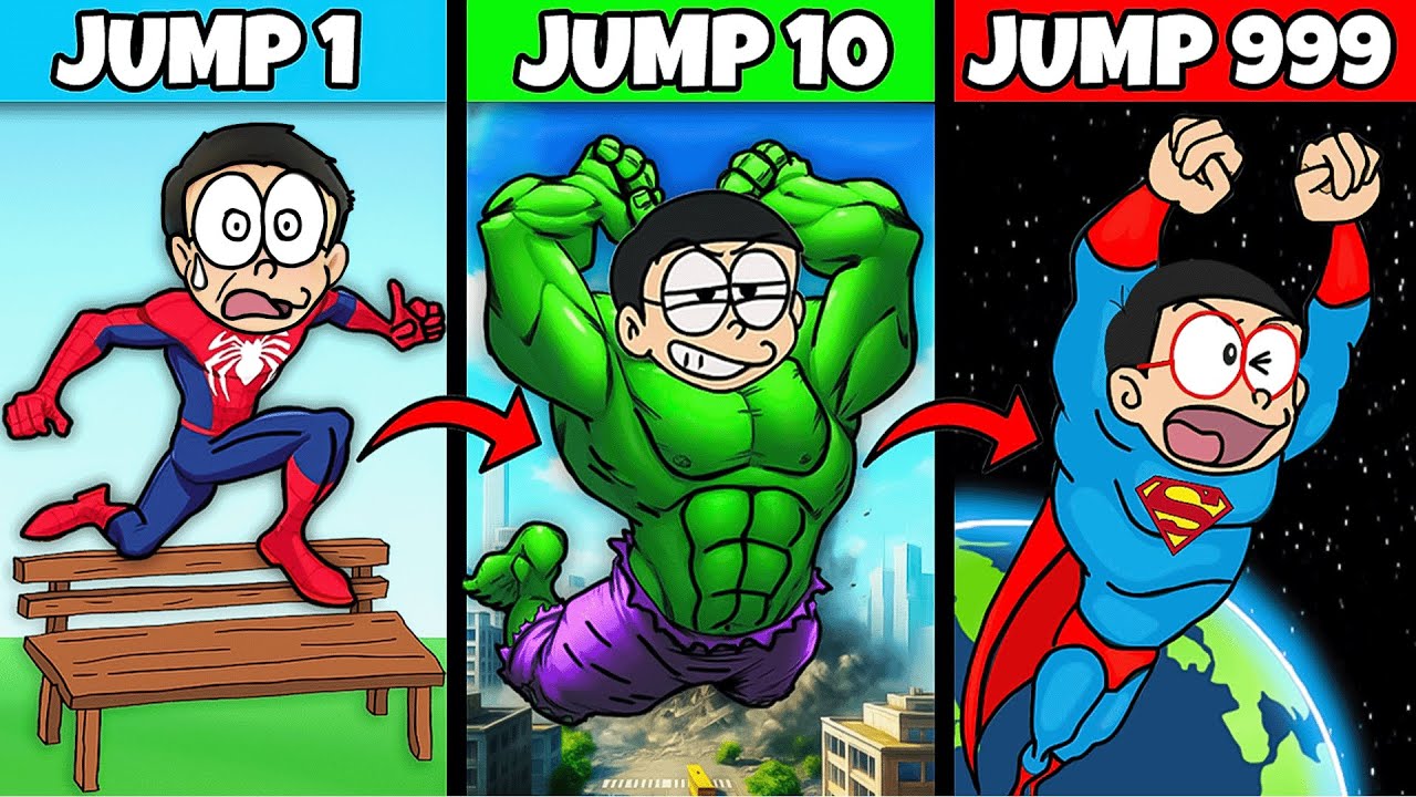 Shinchan & Nobita Transform into Superhero Body with Every Jump in ...