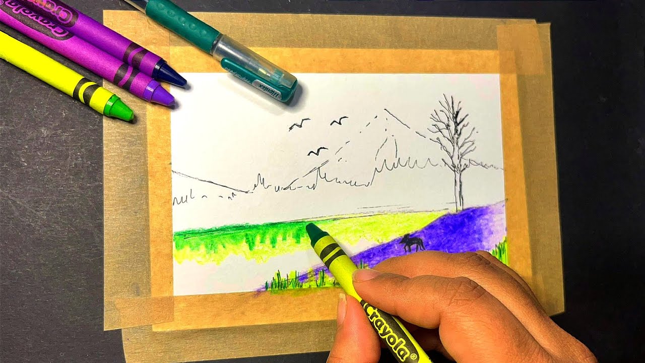 how to Draw and paint easy scenic landscape with crayons | kids art ...