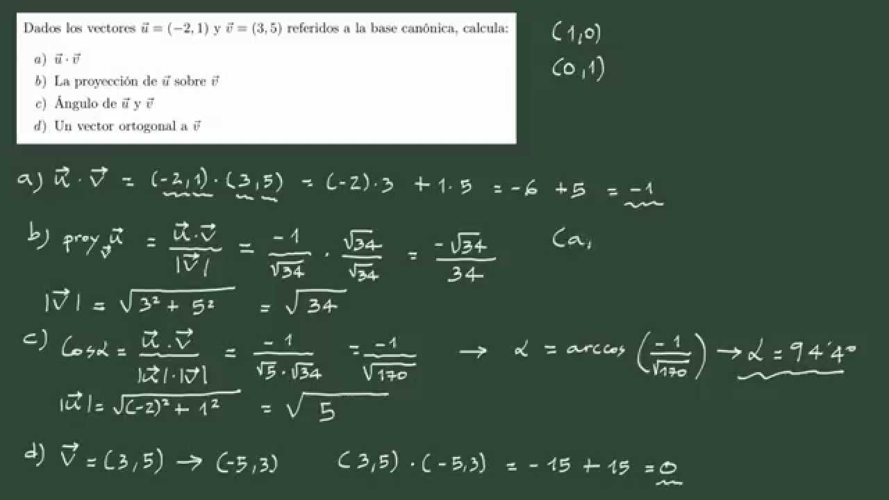 4. Ejercicio 4 vectores (2D): producto escalar, proyección, ángulo ...