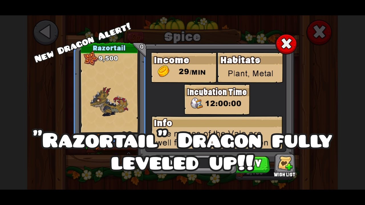 Razortail Dragon Dragonvale leveled up to Max level! - YouTube
