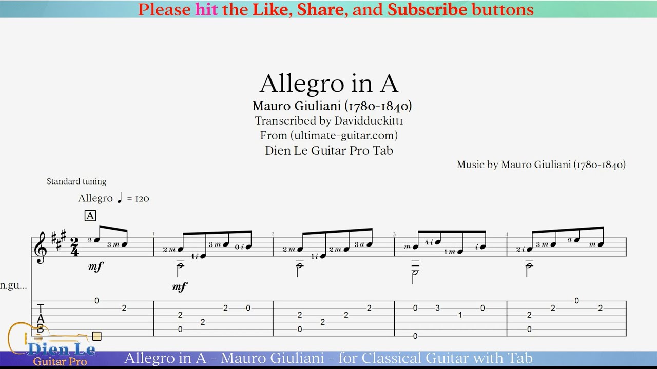 Allegro in A - Mauro Giuliani - for Classical Guitar with Tab - YouTube
