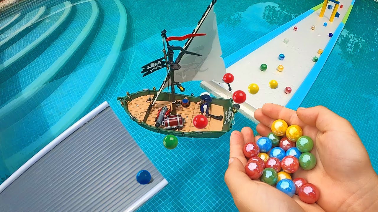 Colorful Marble Run ASMR in The Pool Super Jumping over Pirate Boat ...