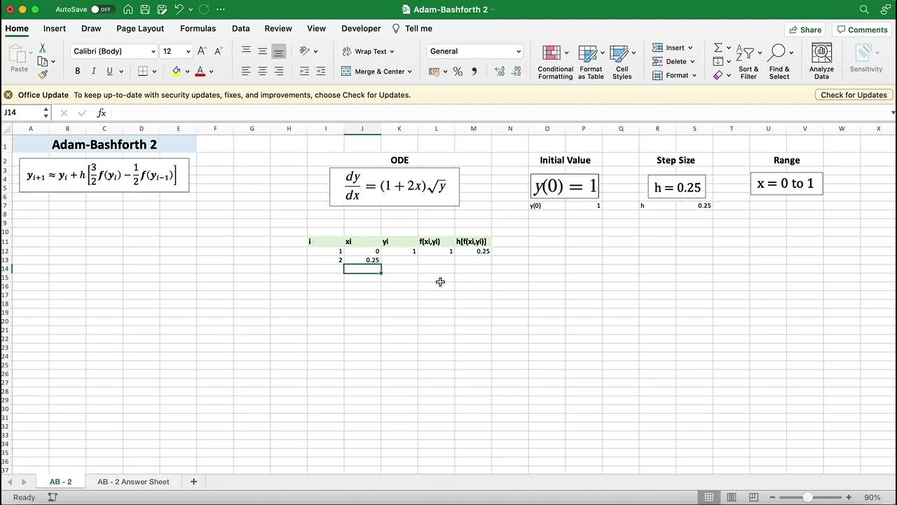 Adam-Bashforth Method (AB-2) in Excel - Numerical Methods/Chemical ...