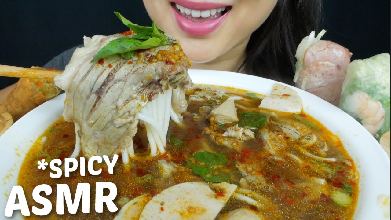 HOT SPICY Round Rice Noodle Soup with Salad Roll & Deep Fried Egg Roll ...