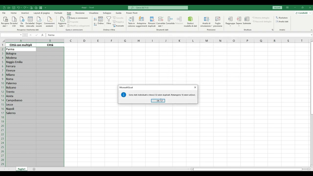 Excel eliminare velocemente dati doppi o multipli - YouTube