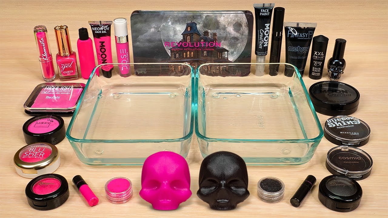 PINK vs. BLACK ! Slime Coloring and Mixing with Makeup ! ASMR ...