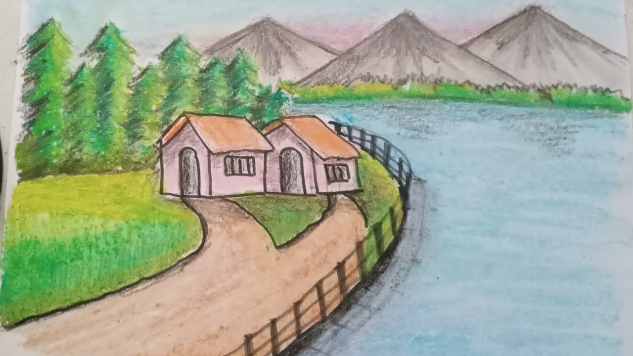 how to draw scenery using crayons and colored pencils - YouTube