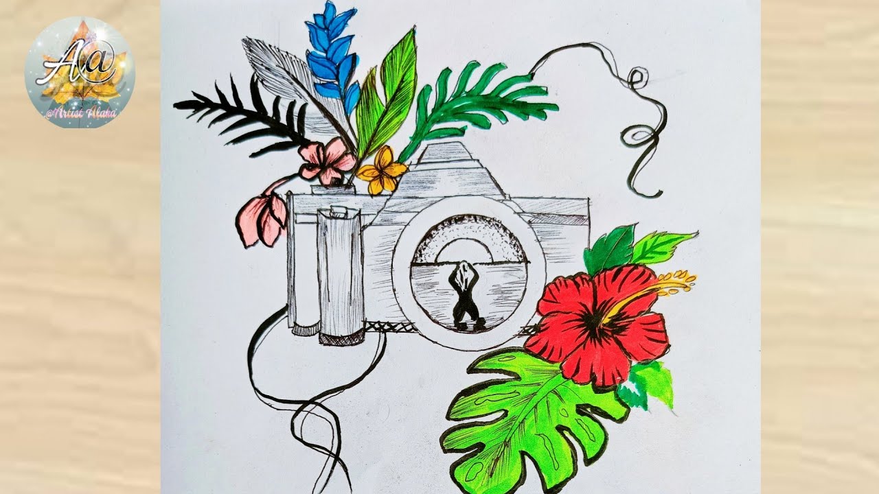 How to draw Camera and flowers Drawing ll Camera with flowers drawing ...