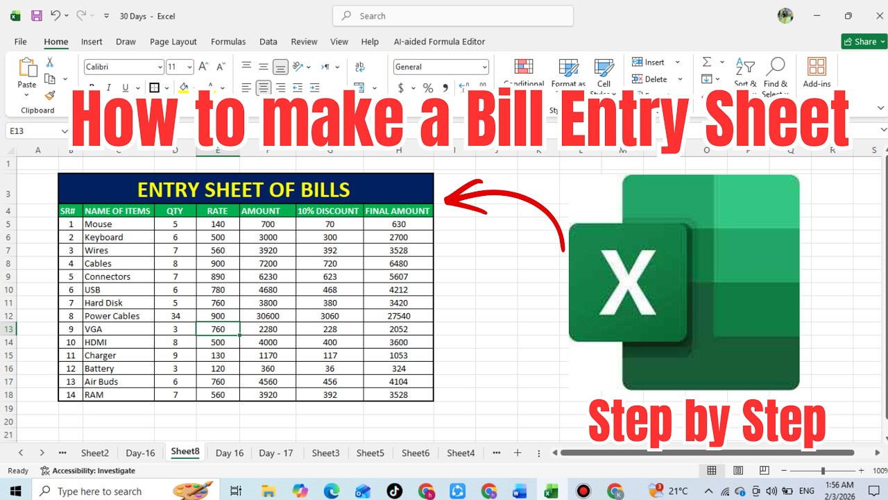 Bill Entry Sheet in Excel | Complete Excel Billing Sheet Tutorial for ...