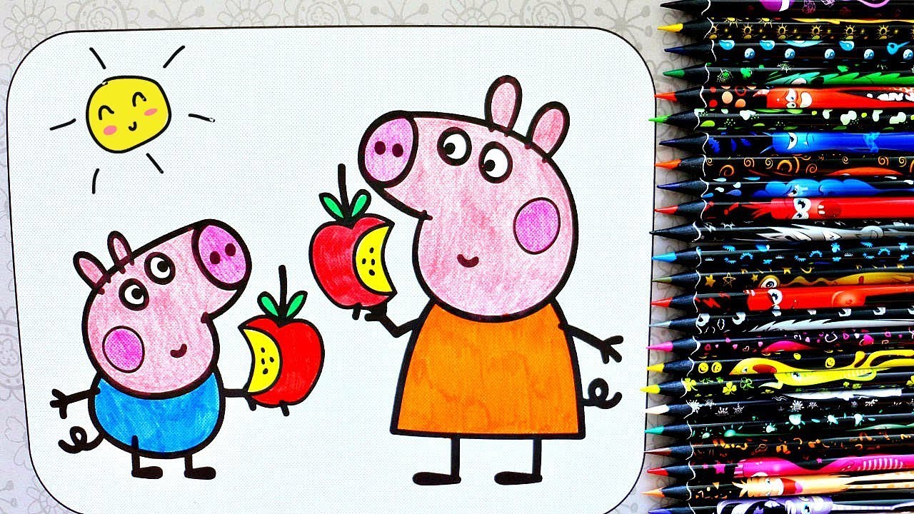 Peppa Pig and George are eating apples - coloring pages for children ...