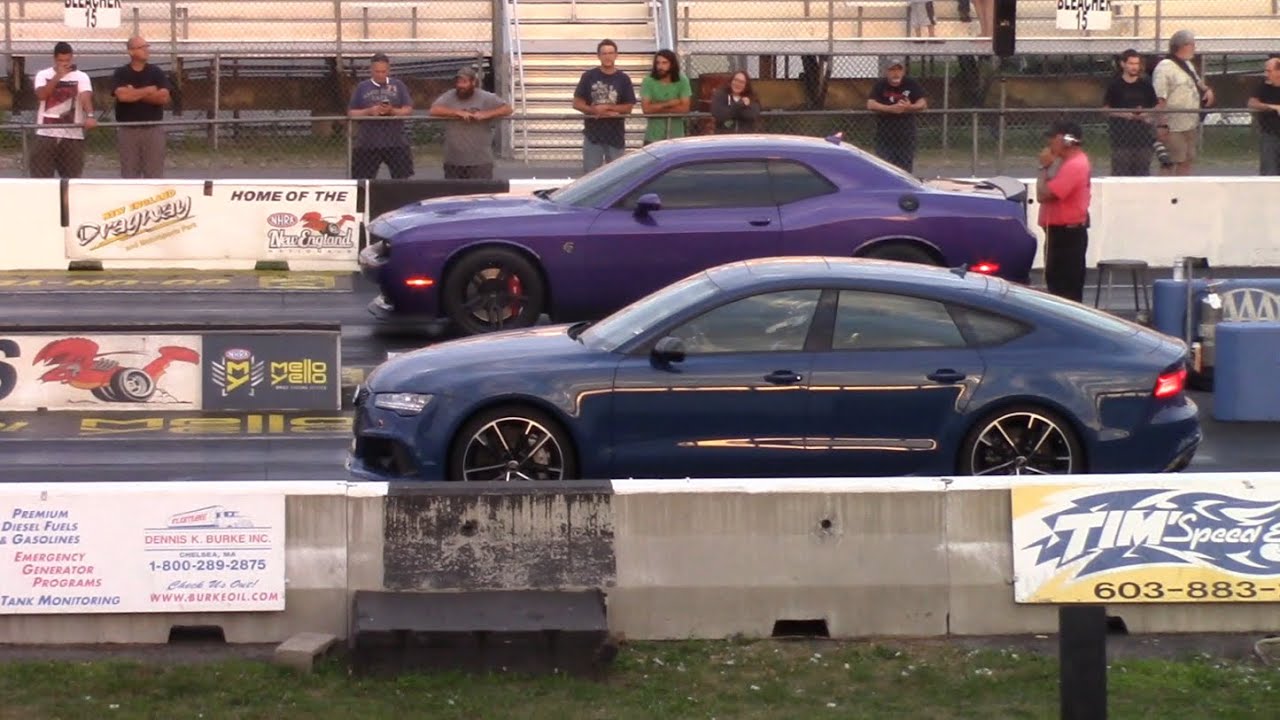 Audi RS7 vs Hellcat Challenger and Mustang Drag Races - YouTube