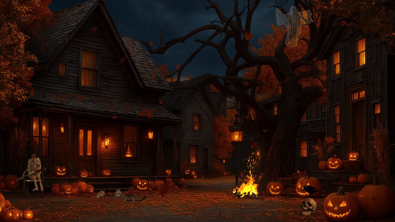 🍁🎃 Haunted Autumn Village Halloween Ambience with Fire, Pumpkins ...
