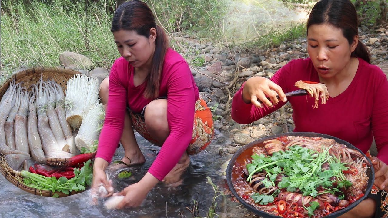 Survival cooking in forest- Cooking octopus curry spicy delicious with ...