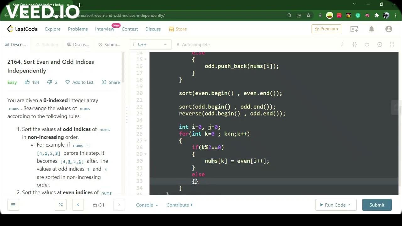 Leetcode 2164. Sort Even and Odd Indices Independently | C++ | Easy to understand - YouTube