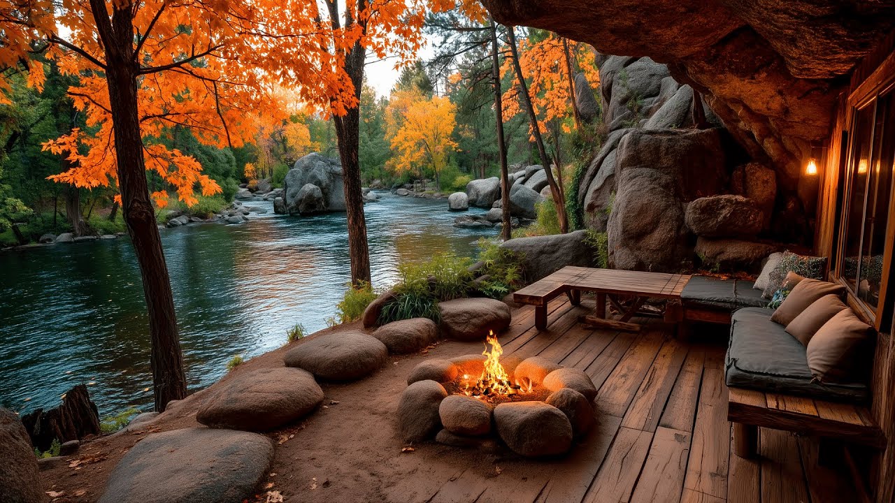Riverside Campfire in Autumn Morning Forest | Calm River Firepit ...