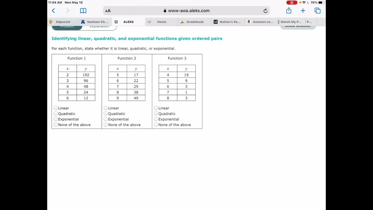 Identifying Linear Quadratic and Exponential Functions given ordered pairs - YouTube