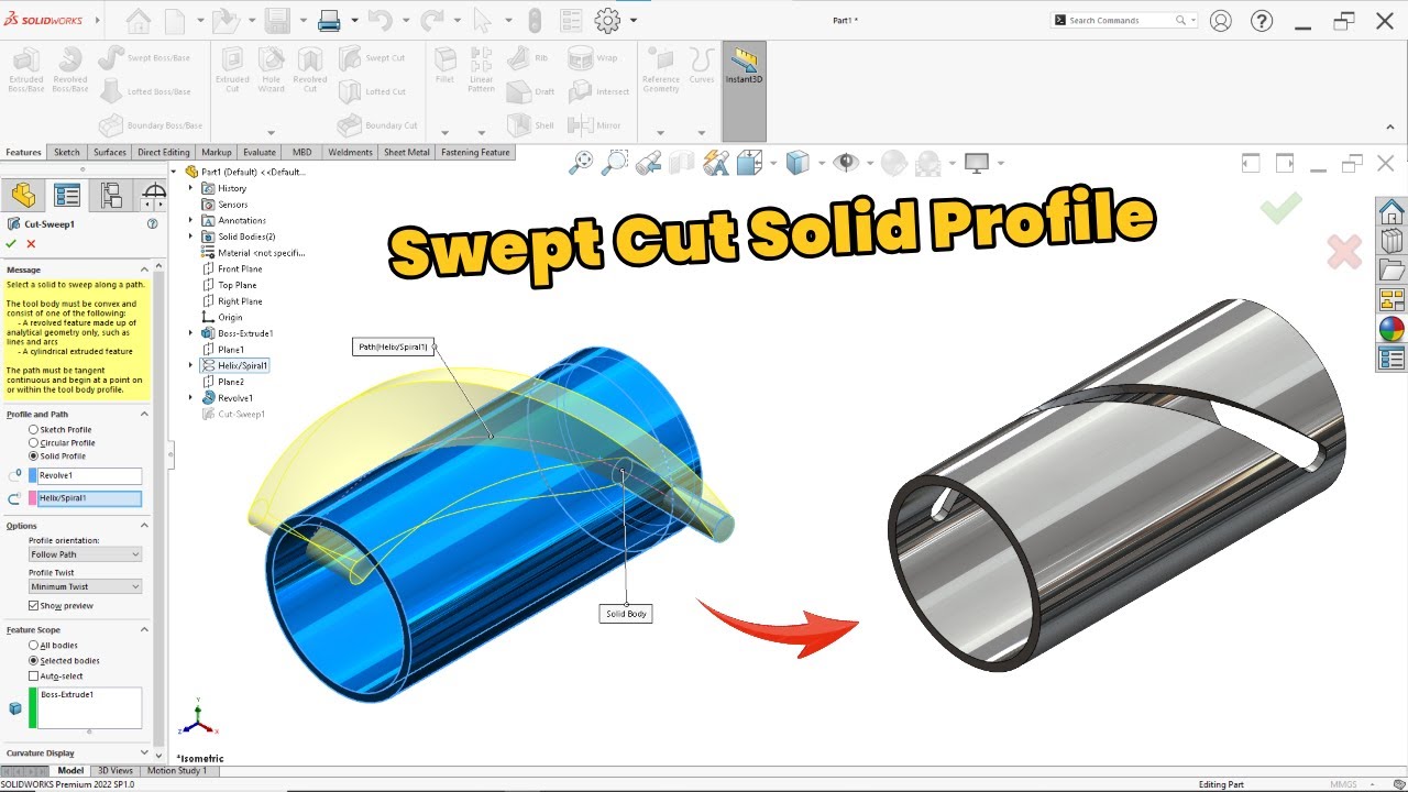 How to Use Swept Cut with Solid Body Profile in SolidWorks - YouTube