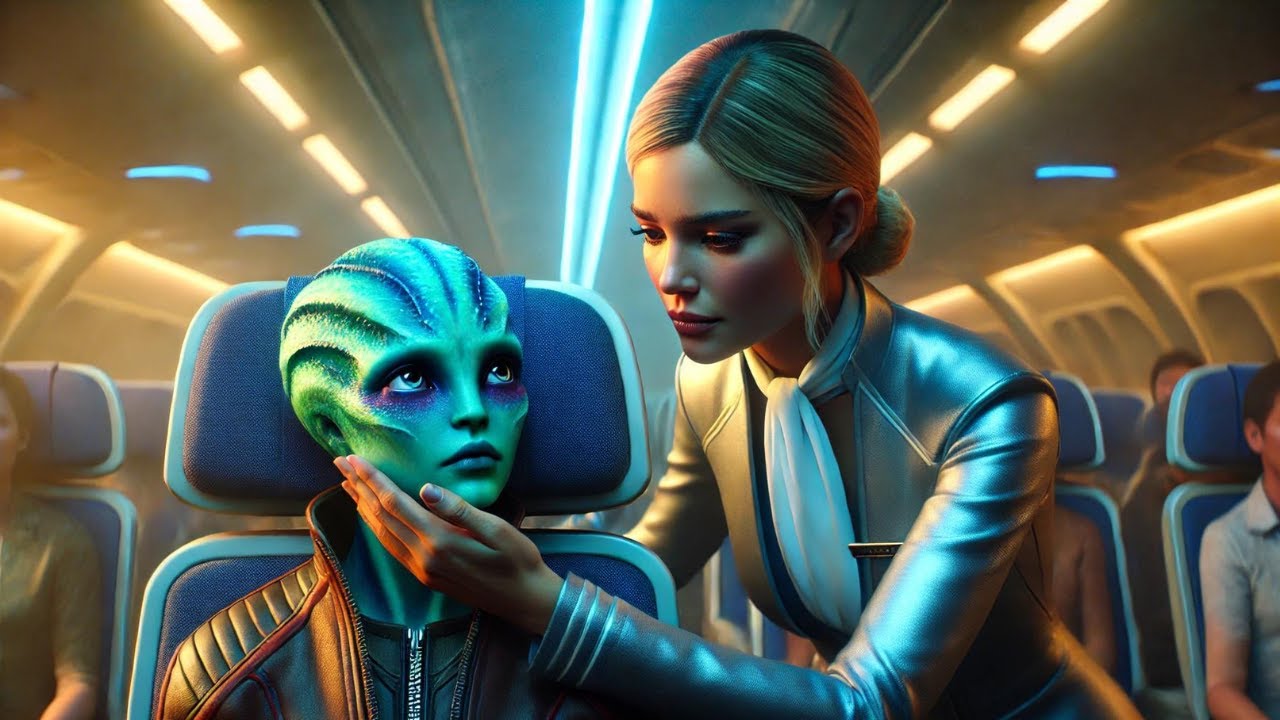 A FLIGHT ATTENDANT COMFORTS ANXIOUS ALIEN PASSENGER. THEN, 1 HOUR LATER ...