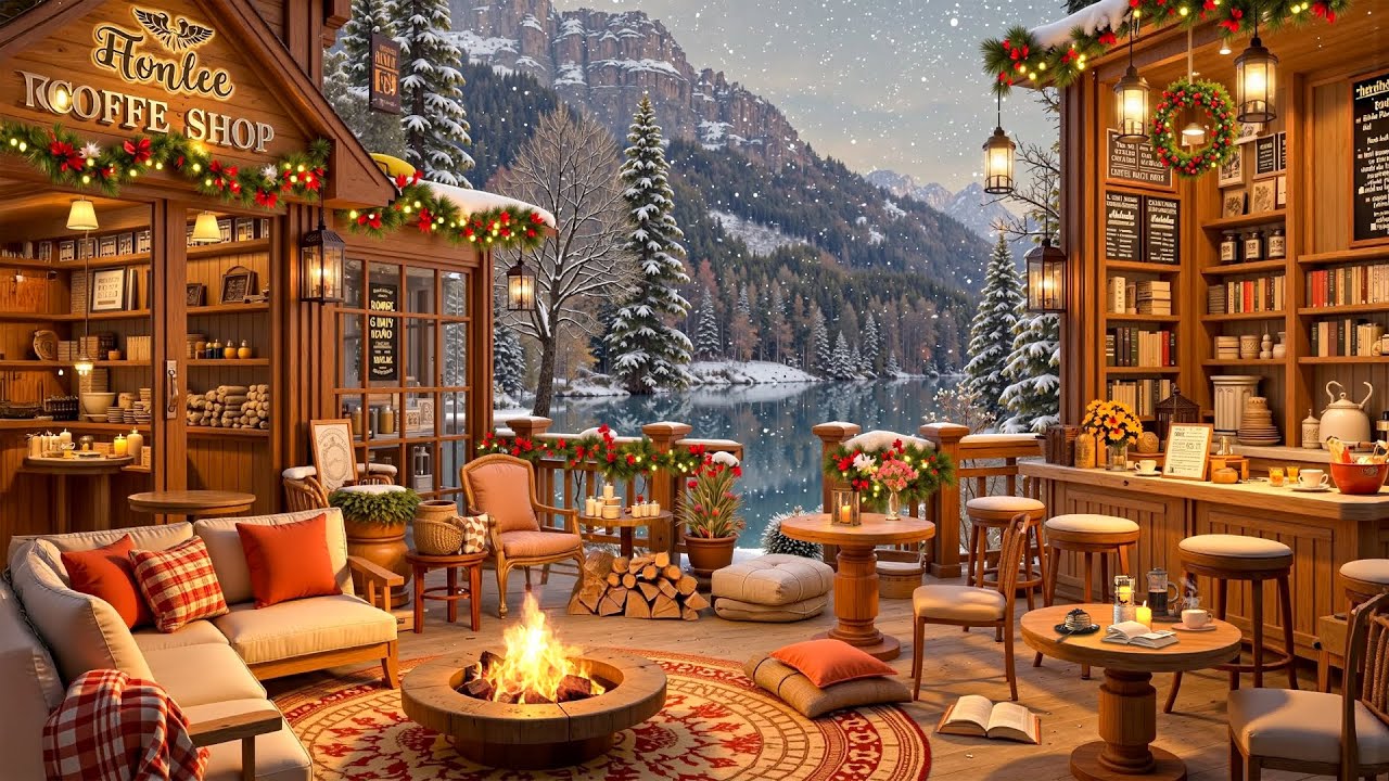 Cozy Winter Café Atmosphere | Soothing Jazz with Fireplace Sounds and ...