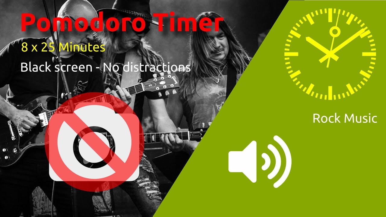 Pomodoro Timer 8 x 25min ~ Rock Music ~ With black screen for no ...