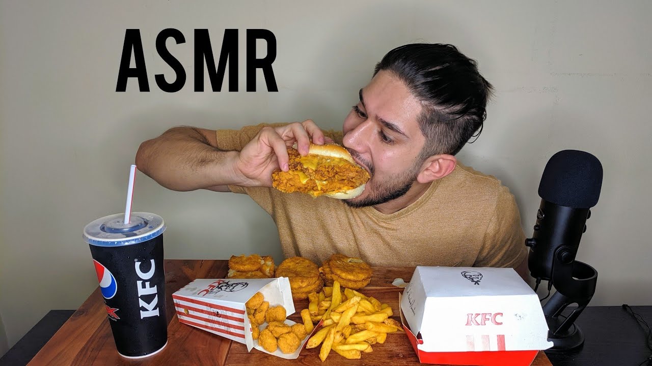 ASMR KFC ZINGER STACKER + HASH BROWNS AND POPCORN CHICKEN | MUKBANG ...