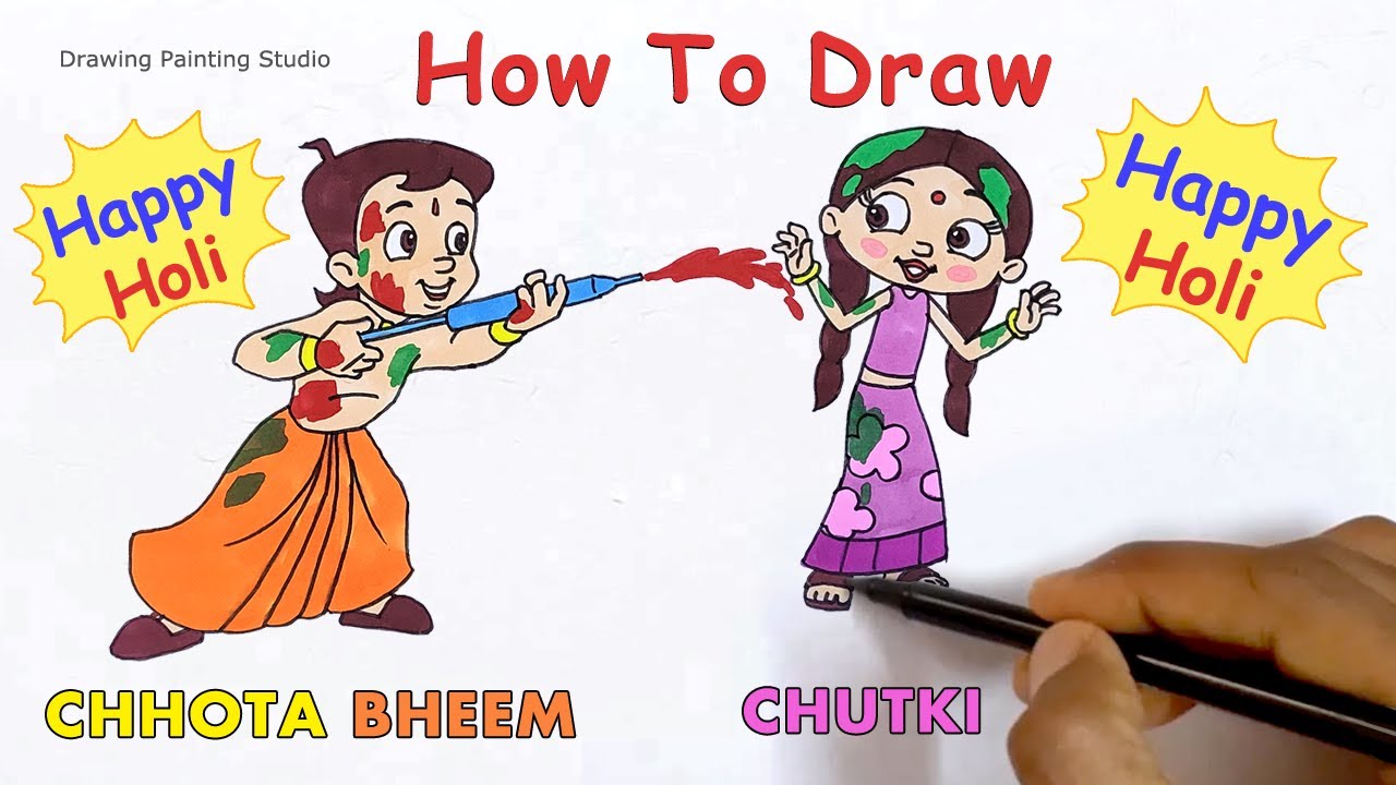 How to Draw Chhota Bheem and Chutki playing Holi easy Step by Step ...