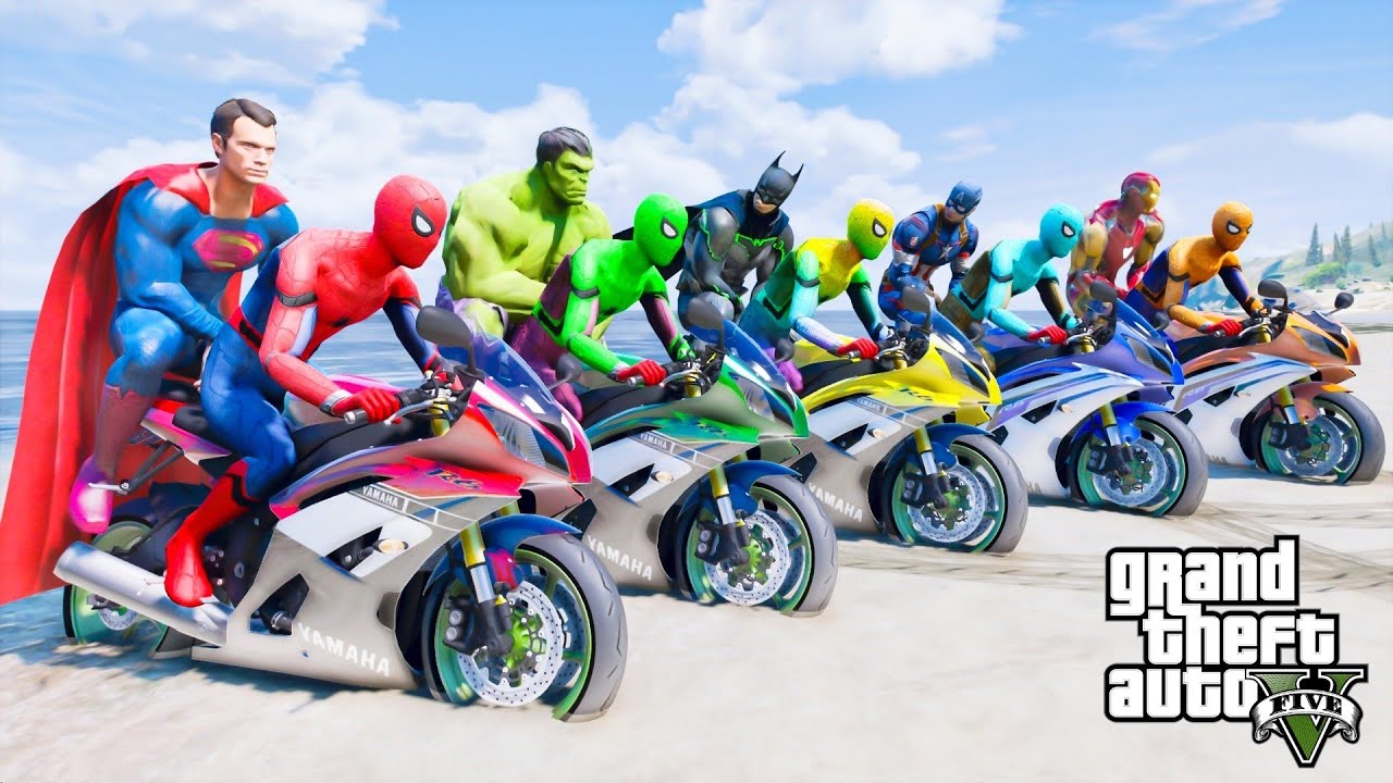 Racing Spiderman Motorcycles with Superheroes - Big Clock Obstacle ...