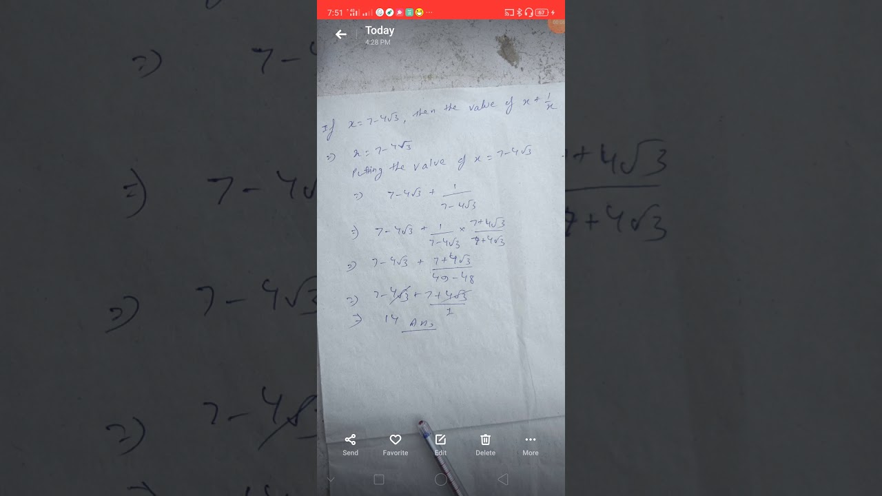 X=7-4 3, then find the value of x+1/x - YouTube