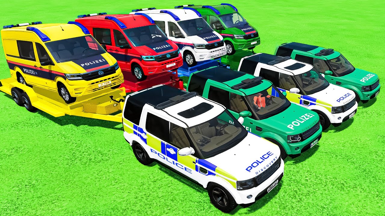 TRANSPORTING POLICE MINI BUS WITH COLORED RANGE ROVER POLICE CARS ...