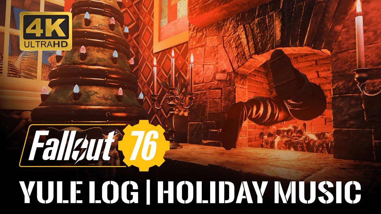 FALLOUT 76 Yule Log 8 HOURS Fireplace Ambiance Choir Retro Holiday ...