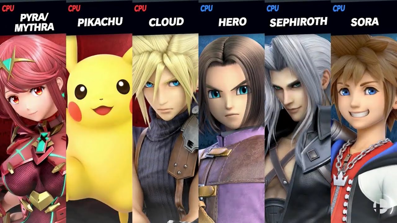 Super Smash Bros. Ultimate - Pyra, Pikachu & Cloud vs Hero, Sephiroth ...