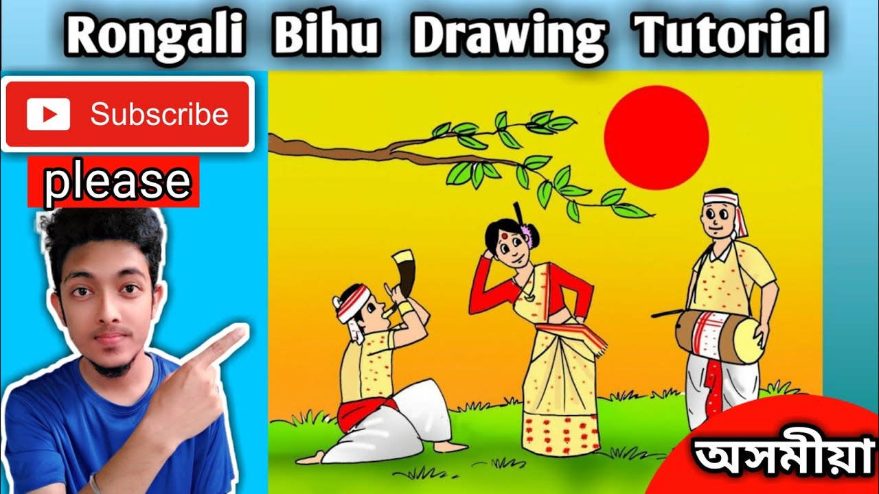 Bohag Bihu Drawing || Bihu Drawing Tutorial || Rongali Bihu Drawing ...
