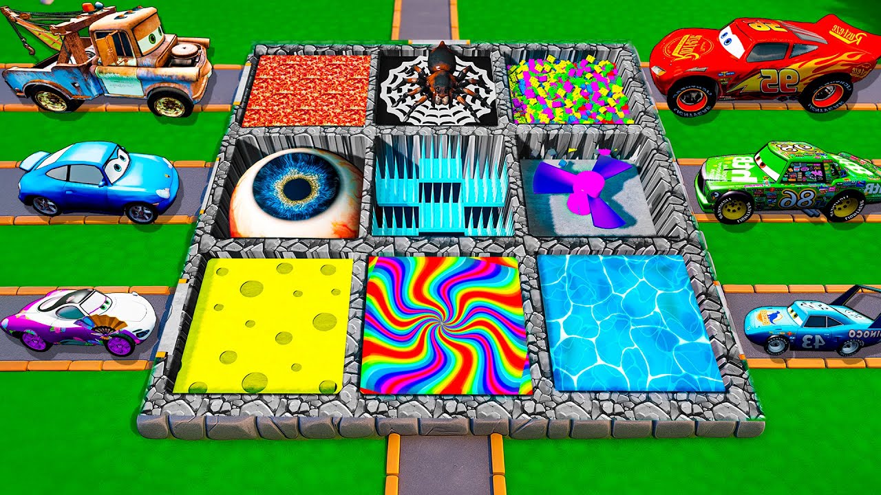 Pixar Cars Lightning McQueen vs Giant Pit Traps! Can Cars Survive Crazy ...