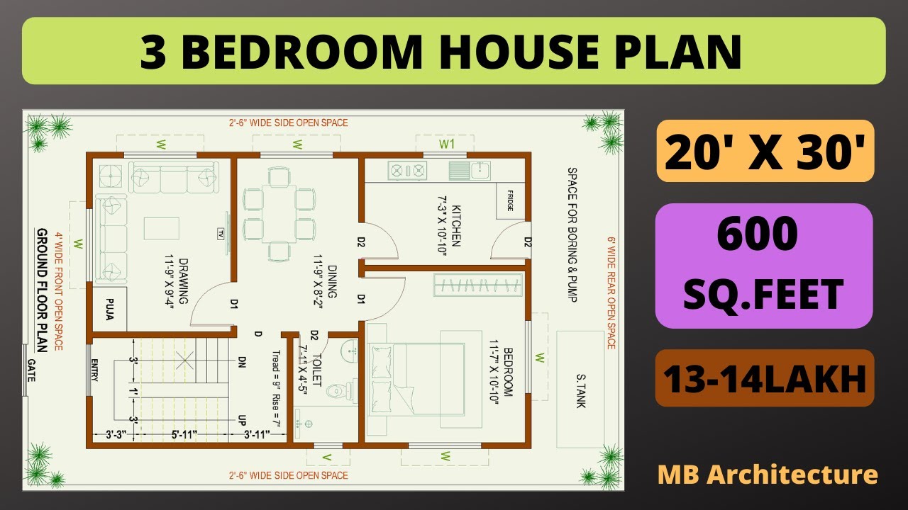 3 Bedroom House Design | 20 X 30 House Design | Village House Design ...