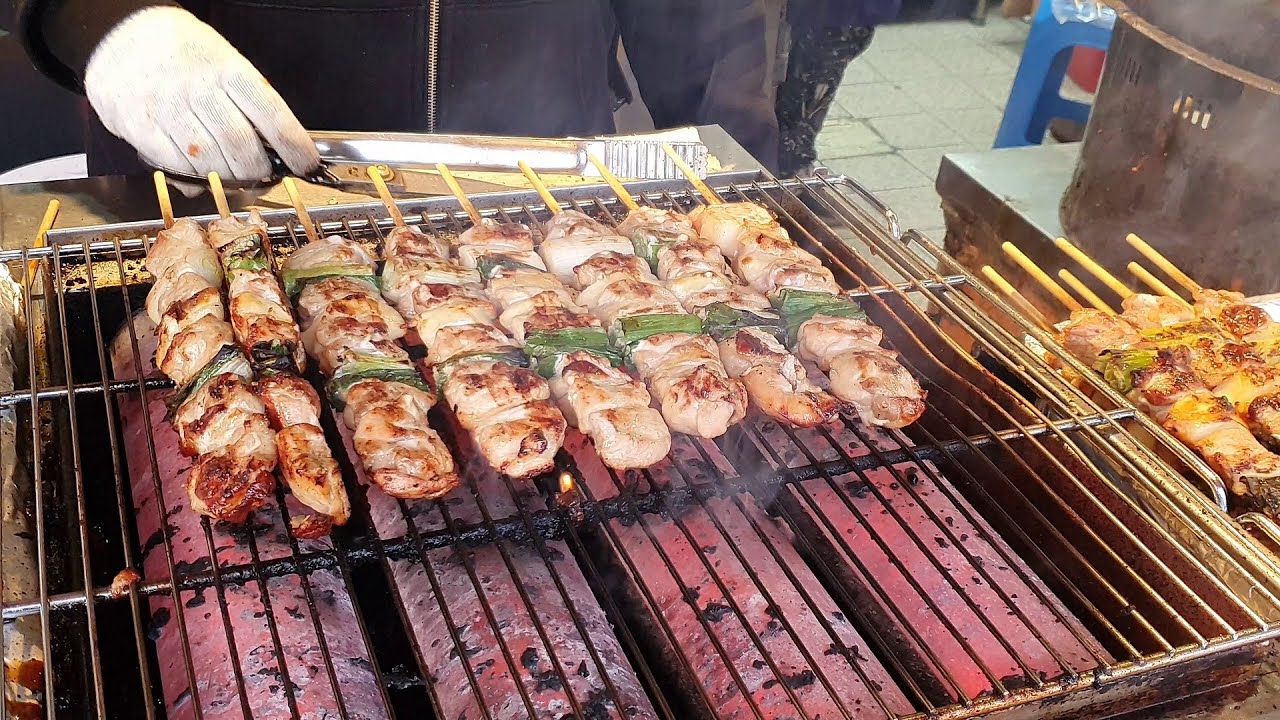 일산시장 수제 직화 닭꼬치 Korean Street Food Grilled chicken skewers (Dakkochi ...