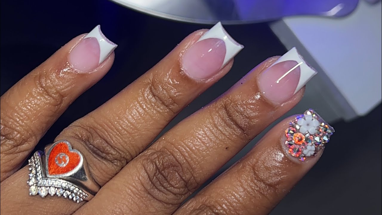 Short White French w/ Blinged Out Nail | Bluestreak Crystals | Watch Me ...