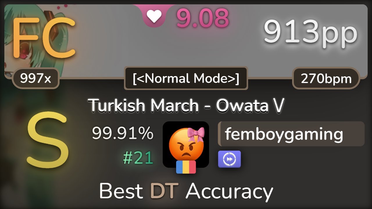 9.1⭐ femboygaming | OwataP - Turkish March - Owata \(^o^)/ [Normal Mode] +DT 99.91% FC #21 ...