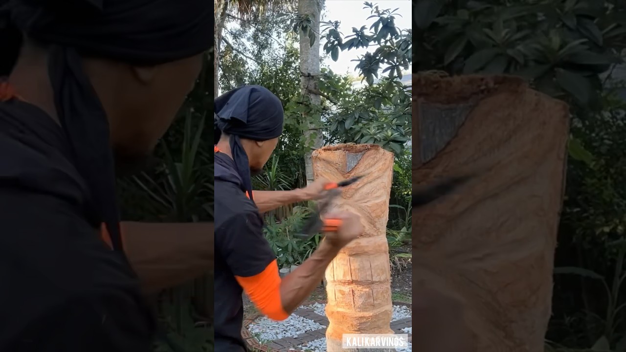 Chop Carving Tiki Totem pt1 360 design using Double Hatchets- patio ...