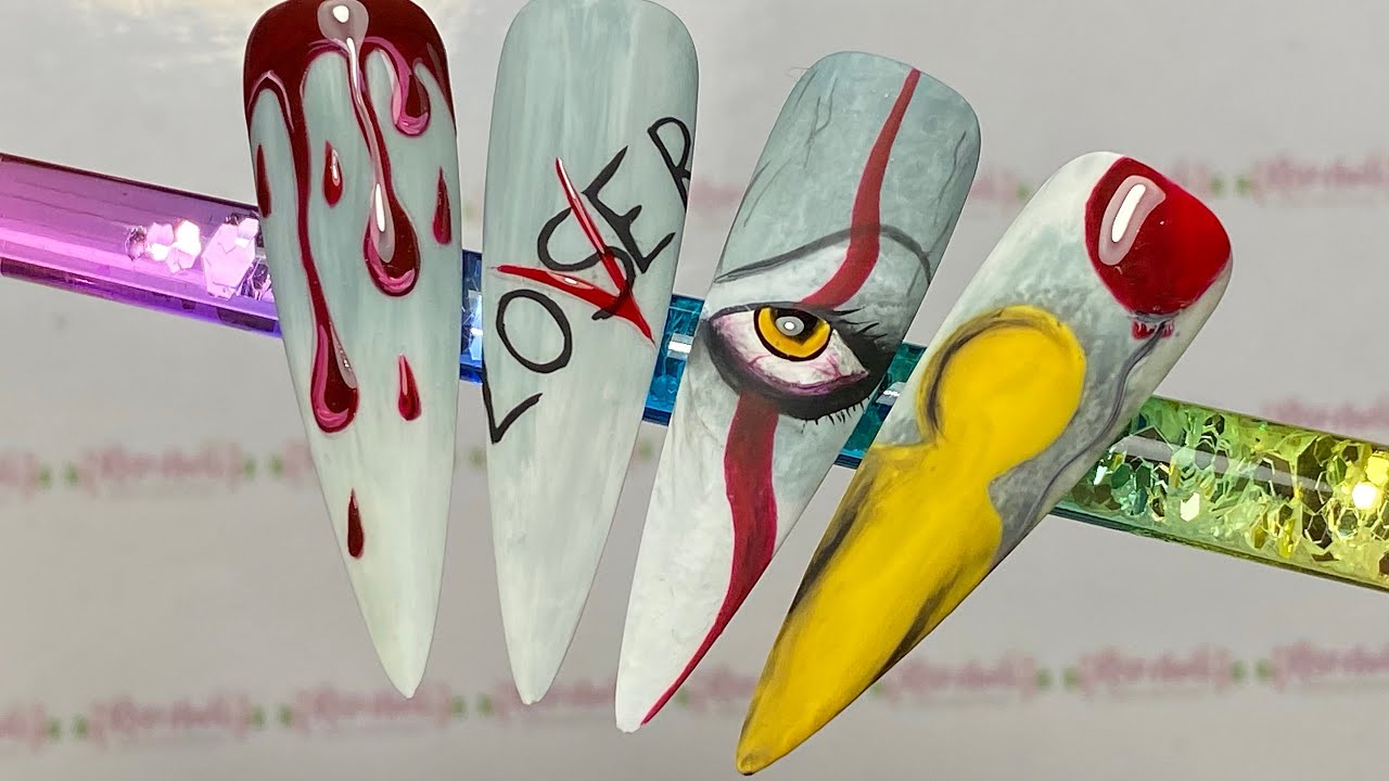 Pennywise IT gel polish design Halloween nails!!! Sbd London - YouTube