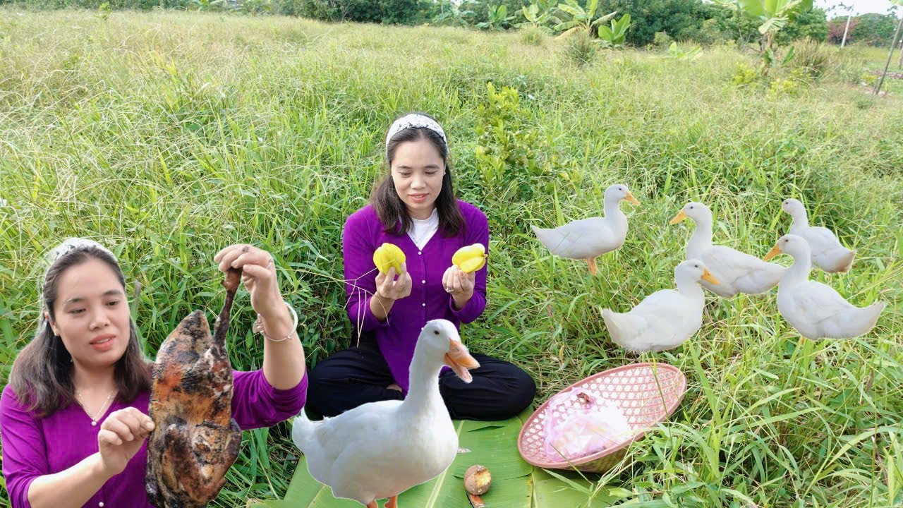 A woman cooking duck over an open fire. Everyday life in the ...