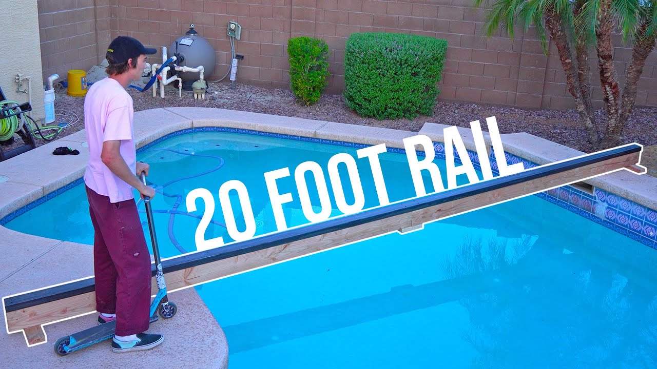 20 FOOT DIY SKATEPARK RAIL OVER OUR POOL - YouTube