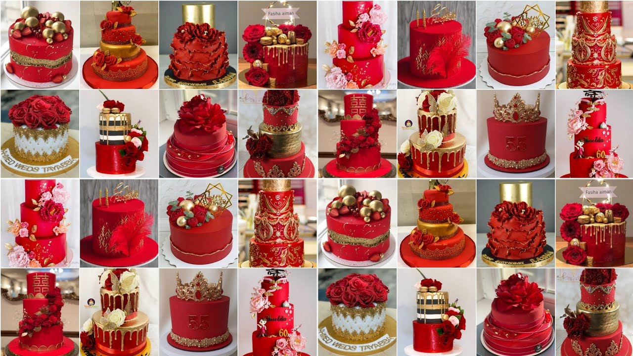 🤩red and gold colour cake design || birthday cake || red colour cake ...