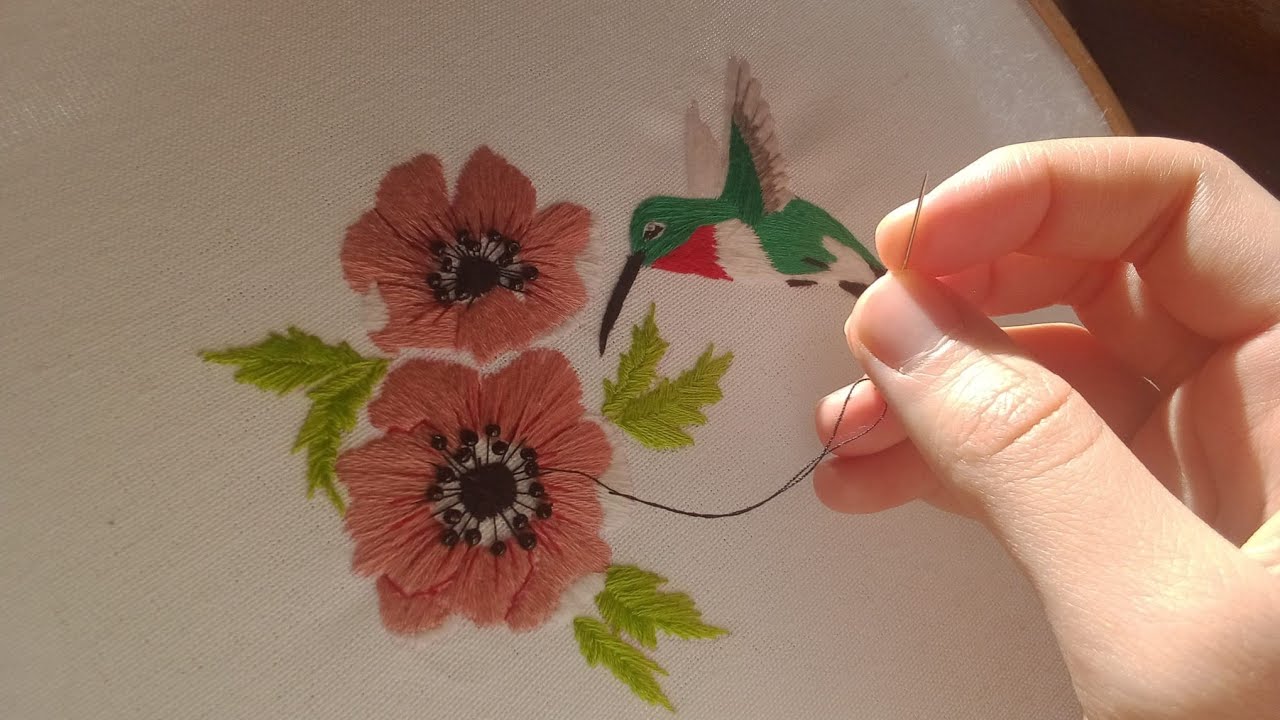 Embroidery Hummingbird And Flowers / Easy Embroidery techniques - YouTube