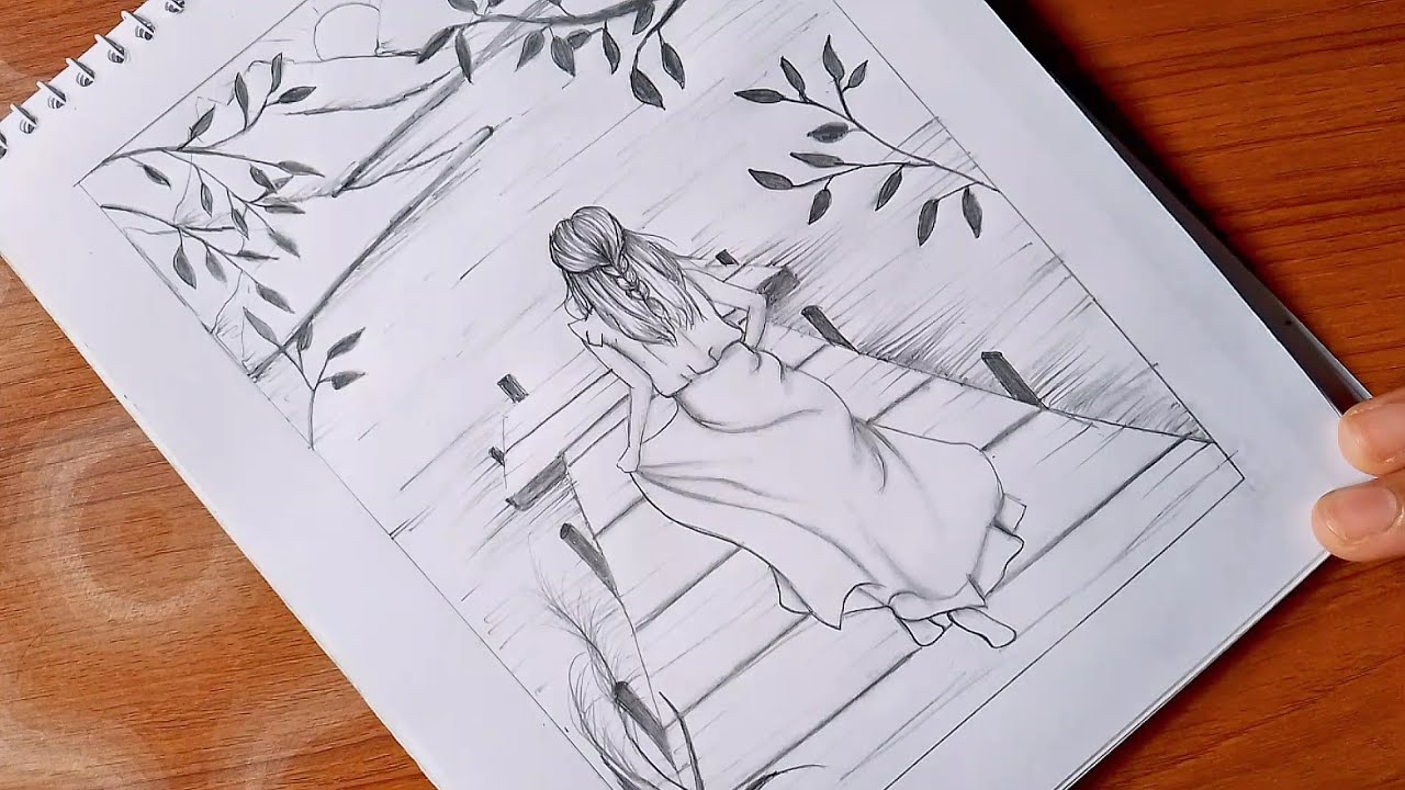easy way to draw girl back side ||easy beautiful scenery drawing ...