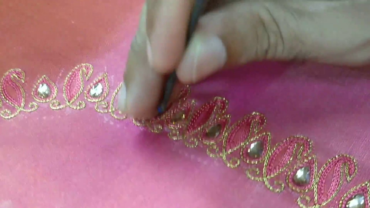 Thread and stone work for a pink designer blouse - YouTube