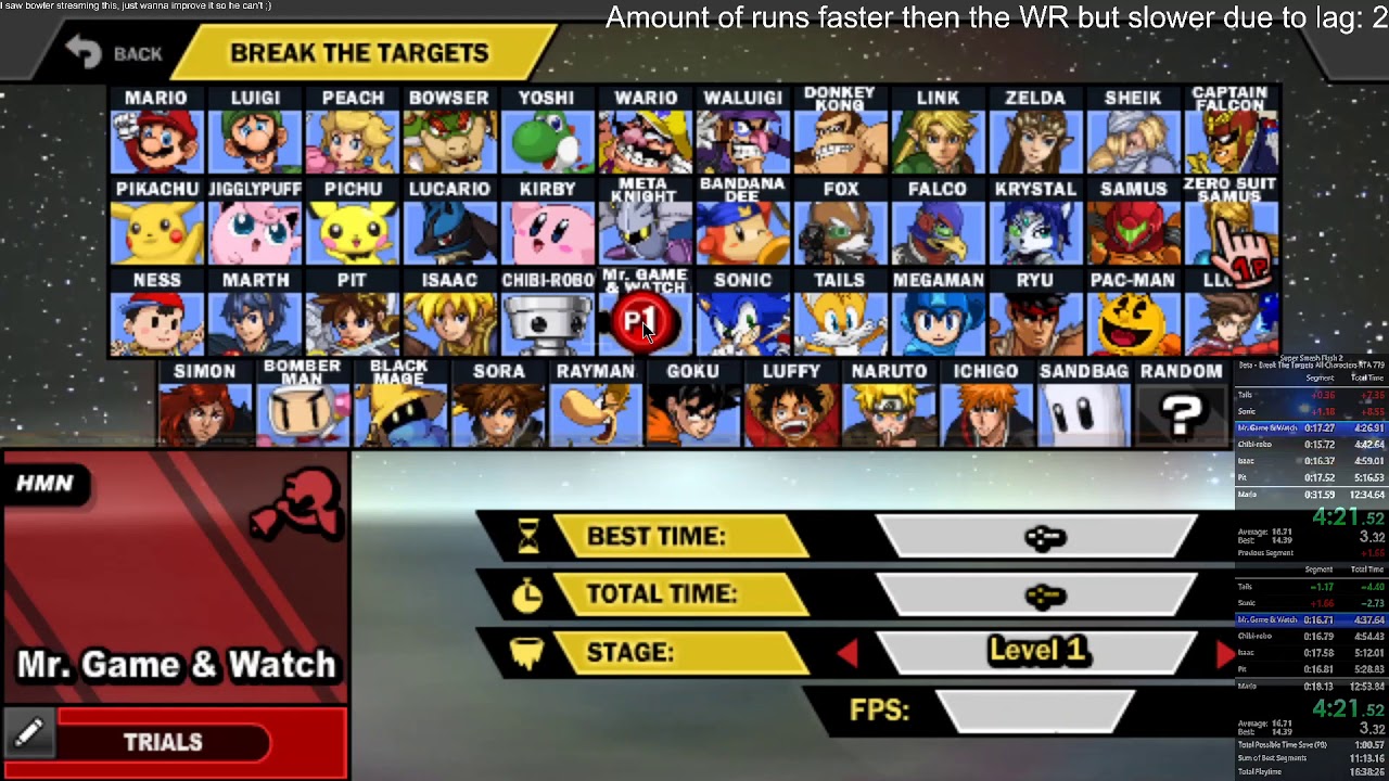 SSF2 BTT Stage 1 All characters RTA 12:20.89 (6:56.80 IGT) (former WR ...