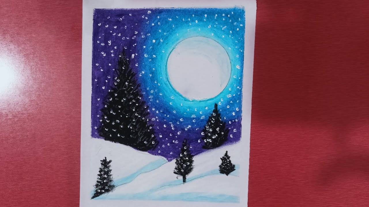 Easy winter snowfall scenery drawing for beginners with oil pastels ...