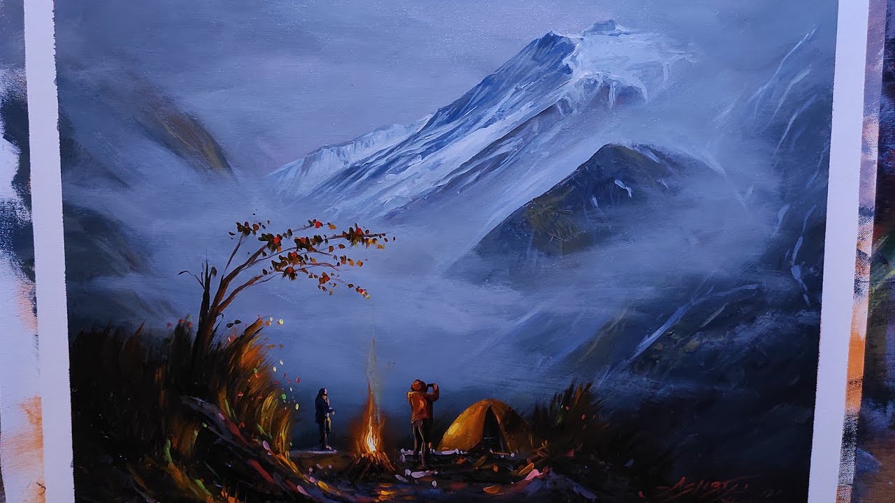 foggy mountain acrylic painting campfire time lapse video # ...