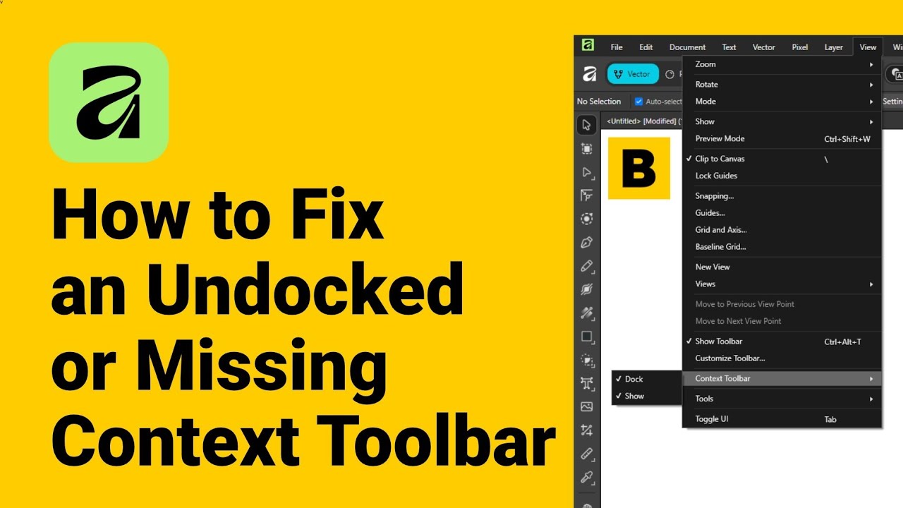 How to Fix an Undocked or Missing Context Toolbar in Affinity - YouTube