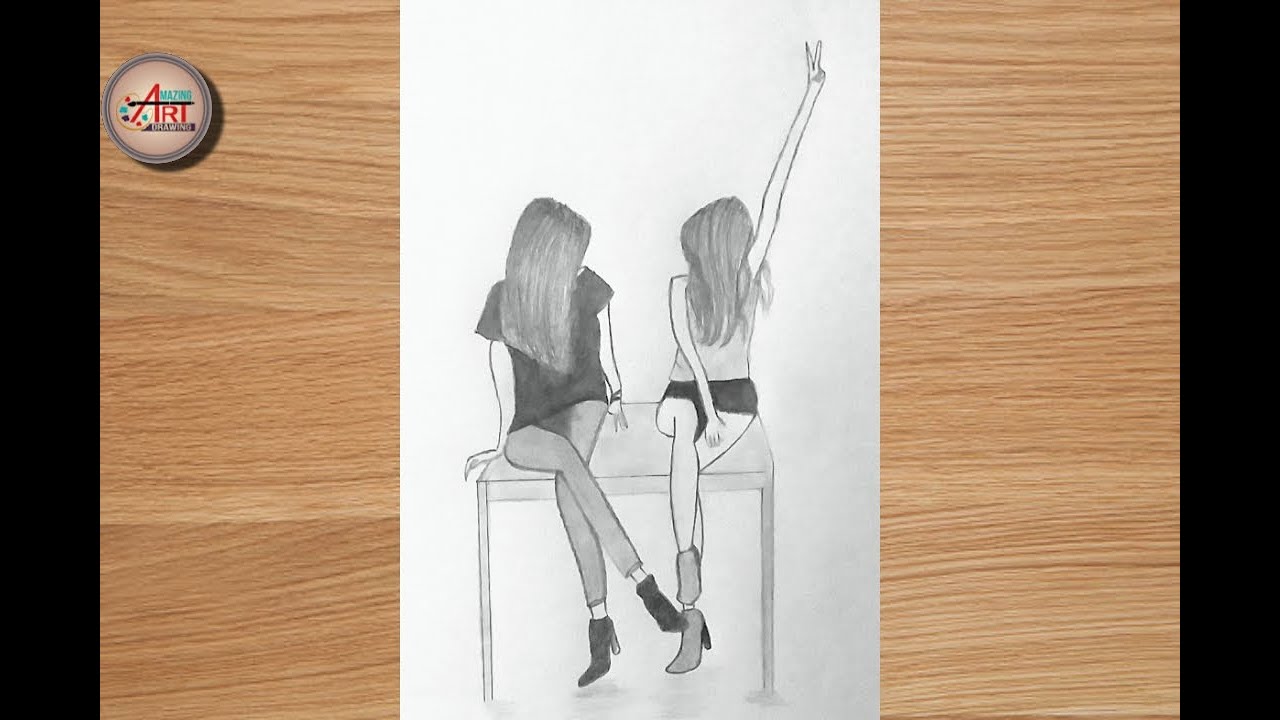 How to draw Best friends sitting together on a table| Girls drawing ...